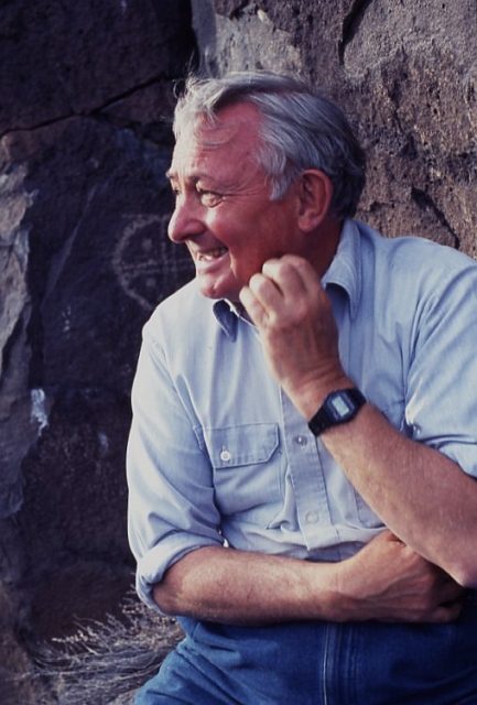 Hillerman with Petroglyph in Background | The Tony Hillerman Portal